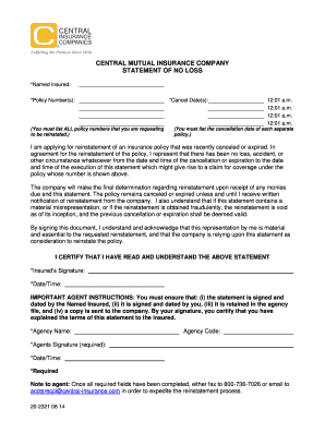 Fillable Online CENTRAL MUTUAL INSURANCE COMPANY STATEMENT OF NO LOSS ...