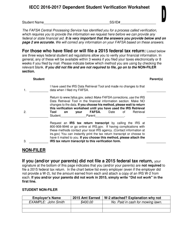 Fillable Online iecc IECC 2016-2017 Dependent Student Verification ...