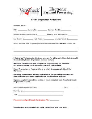 Fillable Online Credit Origination Addendum - VeriCheck Inc Fax Email ...