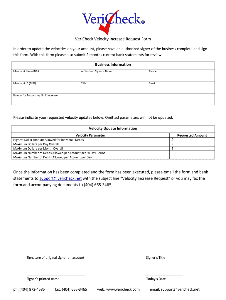 Fillable Online VeriCheck Velocity Increase Request Form Fax Email ...