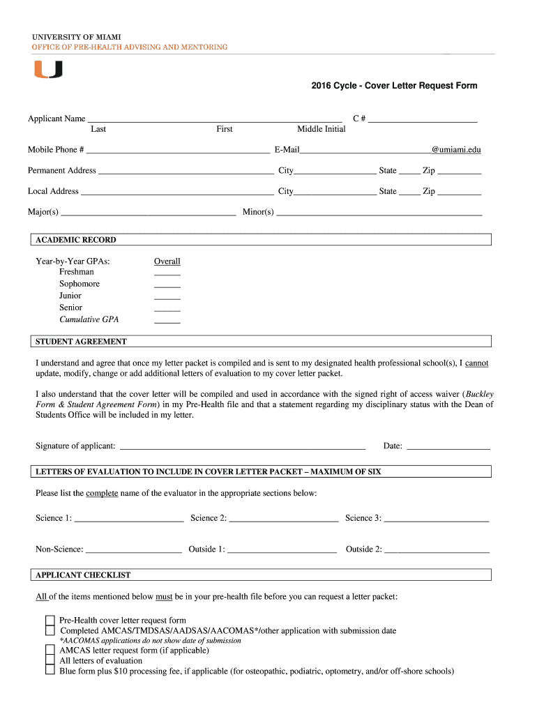 Fillable Online umshare miami 2016 Cycle Cover Letter Request Form ...