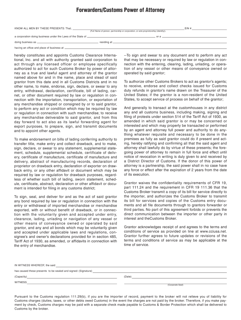 Fillable Online Power of Attorney - Customs Clearance International ...