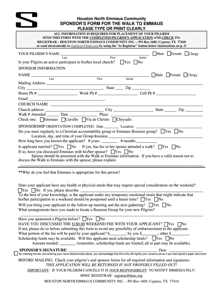 Fillable Online hnec Sponsors form for the walk to emmaus - Houston ...