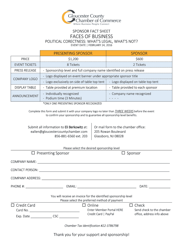 Fillable Online SPONSOR FACT SHEET FACES OF BUSINESS POLITICAL ...
