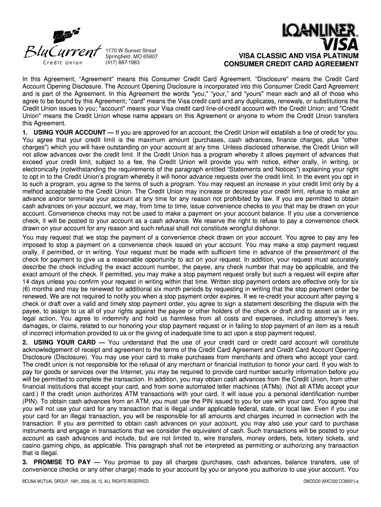 Fillable Online blucurrent VISA Agreement - BluCurrent Credit Union Fax ...