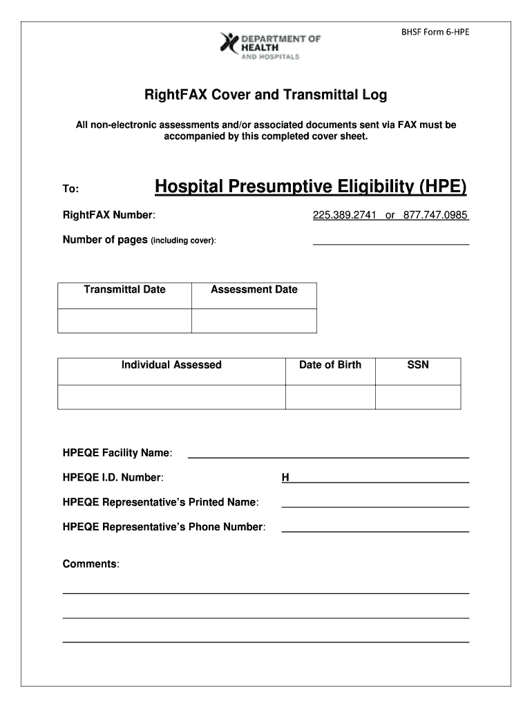 Fillable Online To Hospital Presumptive Eligibility HPE Fax Email Print ...