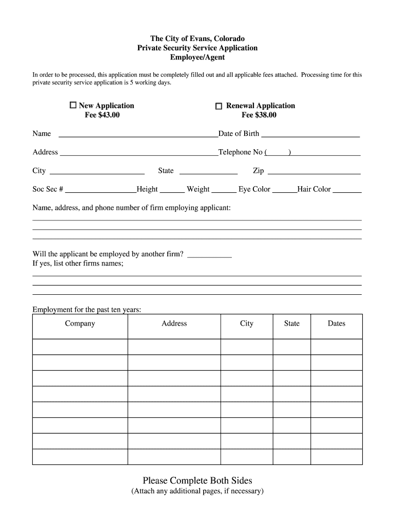 Fillable Online The City of Evans Colorado Private Security Service Fax ...