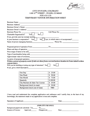 Fillable Online CITY OF EVANS, COLORADO 1100 37TH STREET EVANS, CO 80620 (970) 4751170 TEMPORARY ...
