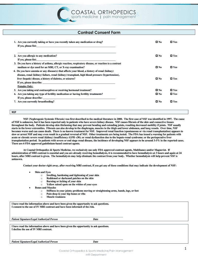 Fillable Online Contrast Consent Form - Coastal Orthopedics Fax Email ...