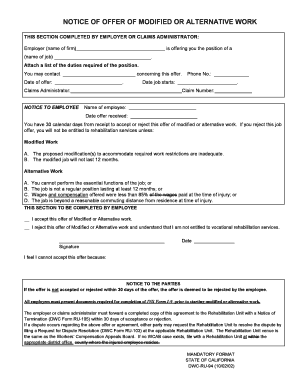 Fillable Online dir ca Offer of modified or alternative work form RU-94 ...