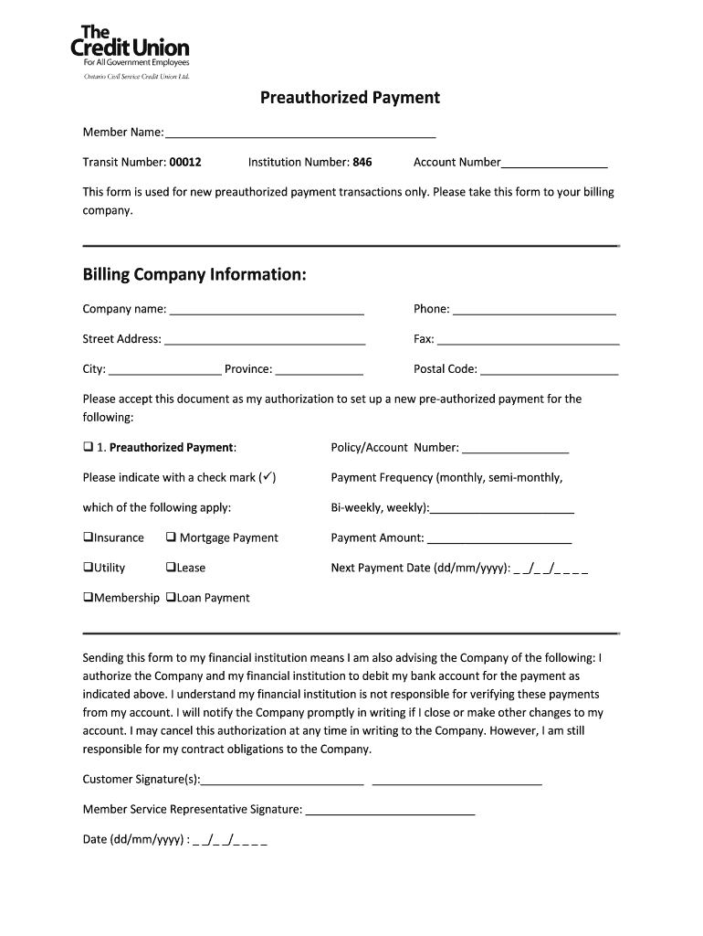 Fillable Online Preauthorized Payment Preauthorized Payment Fax Email Print - pdfFiller
