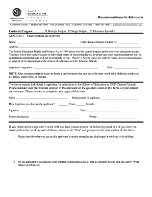 Fillable Online education csuci Recommendation for Admission - CSU ...