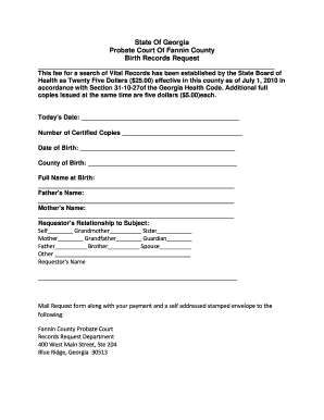 Fillable Online State Of Georgia Probate Court Of Fannin County Birth ...