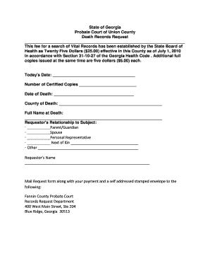 Fillable Online State of Georgia Probate Court of Union County Death ...