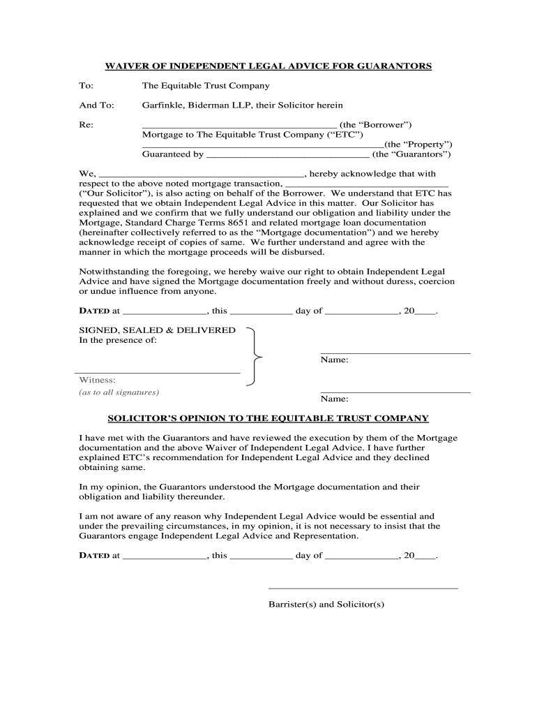 Fillable Online WAIVER OF INDEPENDENT LEGAL ADVICE FOR GUARANTORS Fax ...