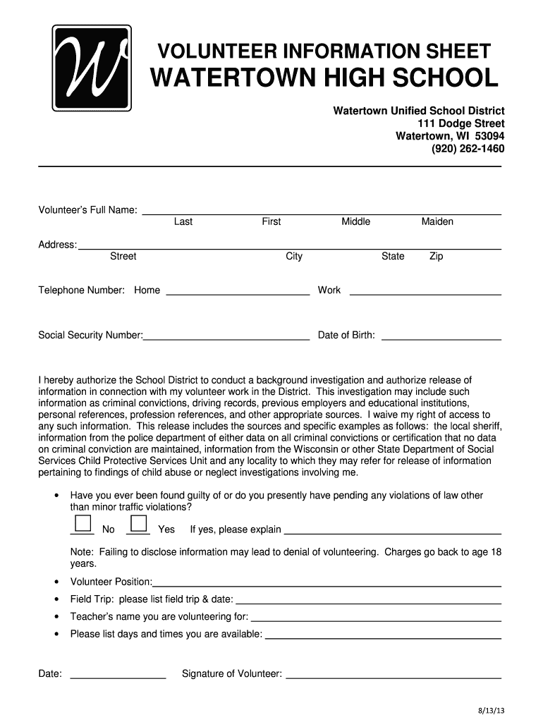 Fillable Online watertown k12 wi Volunteer Information Sheet - WHS Fax ...