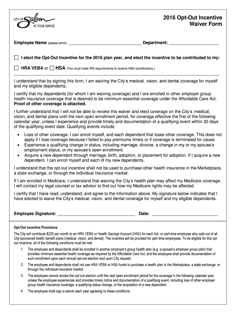 Fillable Online cityofsalem 2016 Opt-Out Incentive Waiver Form - Salem ...