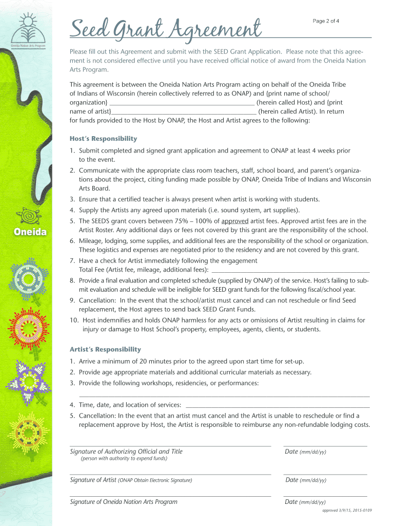 Fillable Online Seed Grant Agreement - oneidanationartsorg Fax Email ...