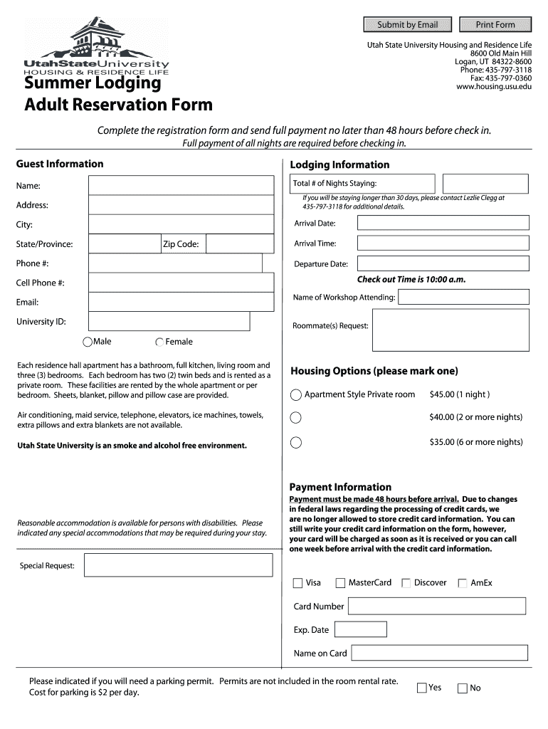 Fillable Online www01 usu 8600 Old Main Hill Summer Lodging Adult ...