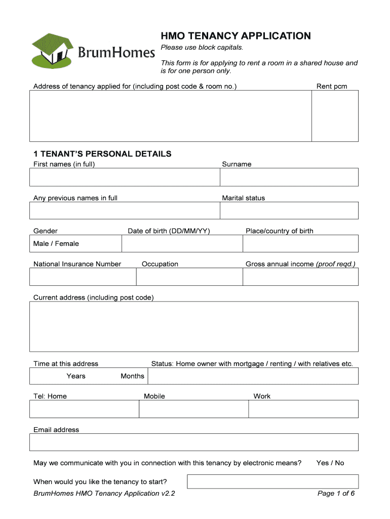 Fillable Online brumhomes co HMO TENANCY APPLICATION - Brumhomes ...