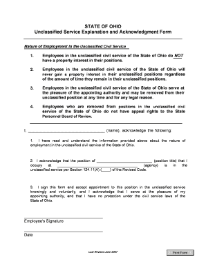 Fillable Online ohiodnr STATE OF OHIO Unclassified Service Explanation ...