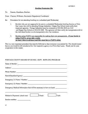 Fillable Online pcbmrdd 872013 Bowling Permission Slip - pcbmrddorg Fax ...