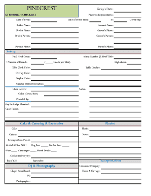 Fillable Online RECEPTION WALK THROUGH CHECKLIST Pinecrest ...