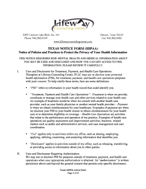 Fillable Online TEXAS NOTICE FORM HIPAA Notice of Policies and ...