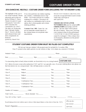 Fillable Online STUDENT COSTUME ORDER FORM MUST BE FILLED OUT ...