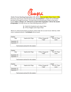 Fillable Online Chick-fil-A order form for Sept. 2013 Fax Email Print ...