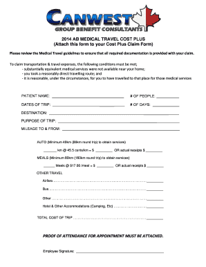 Fillable Online 2014 AB MEDICAL TRAVEL COST PLUS Attach this form to ...