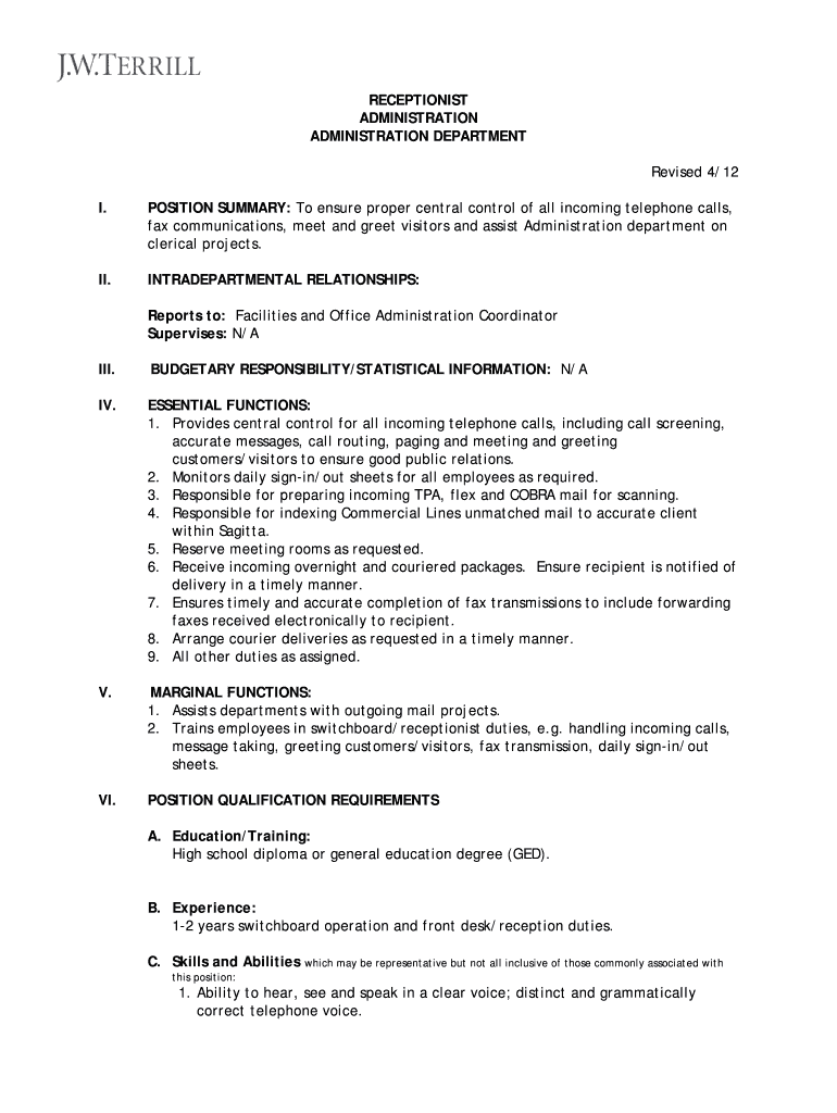 Fillable Online RECEPTIONIST ADMINISTRATION ADMINISTRATION DEPARTMENT I ...