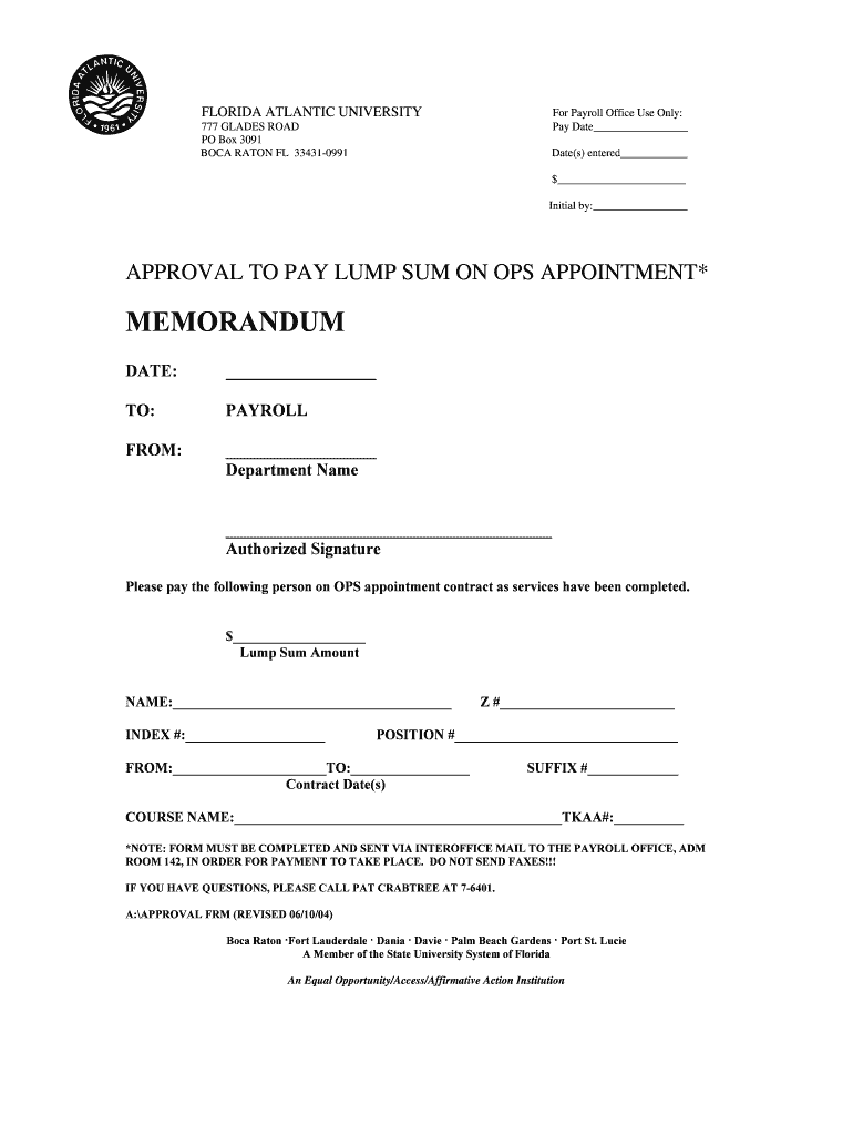 Fillable Online fau Lump Sum Payment Form - Florida Atlantic University Fax Email Print - pdfFiller