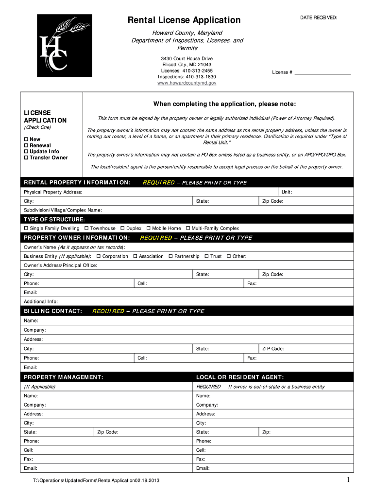 Fillable Online Rental License Application DATE RECEIVED Fax Email ...