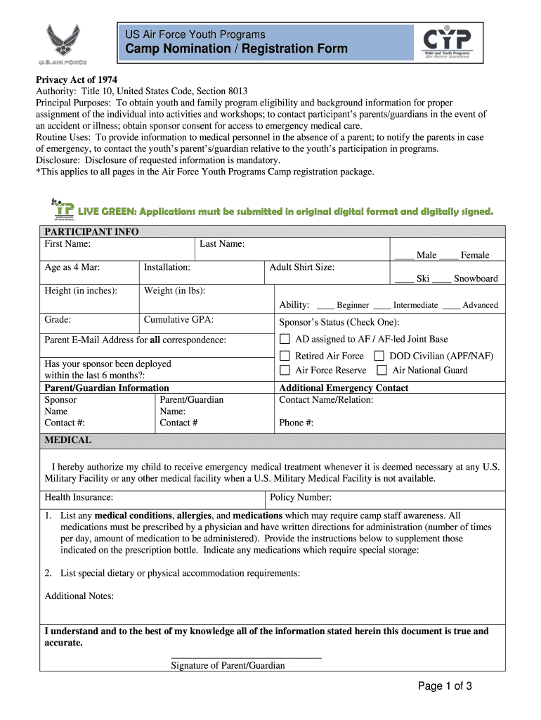 Fillable Online US Air Force Youth Programs - 21 FSS Fax Email Print ...