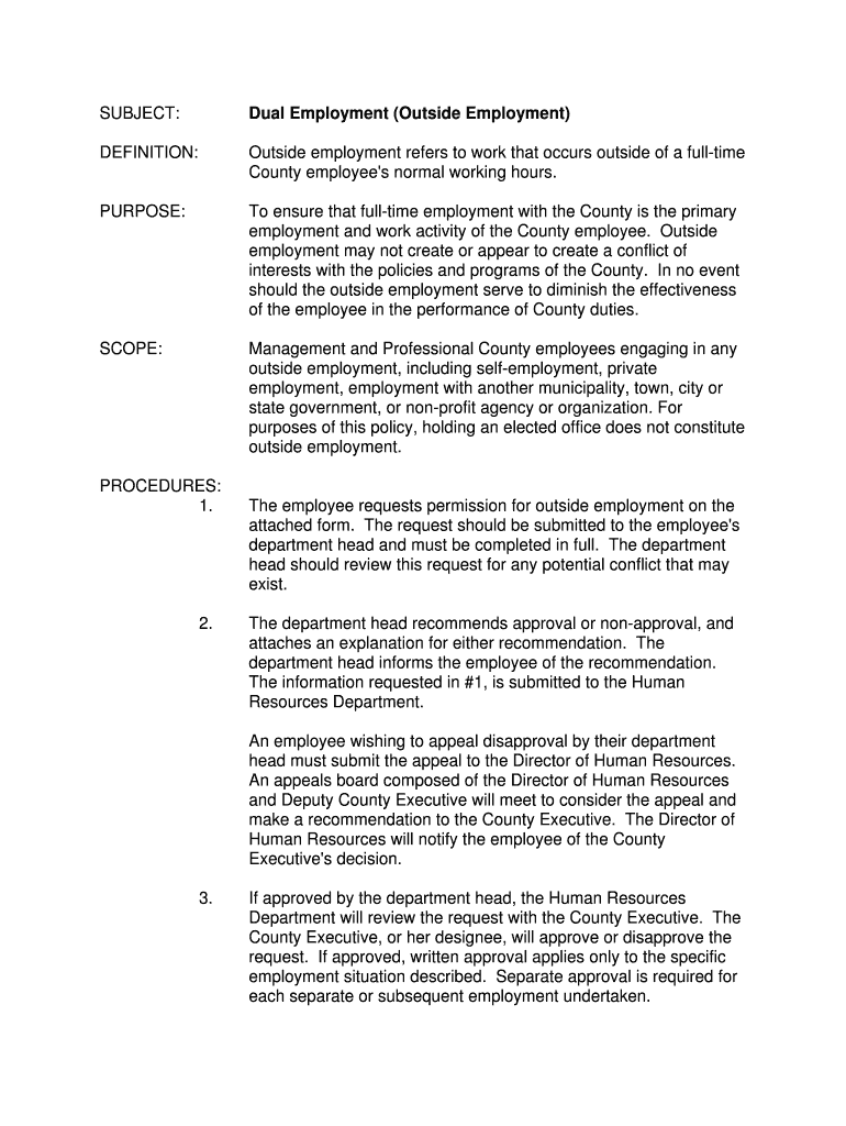 Fillable Online monroecounty SUBJECT Dual Employment Outside Employment ...