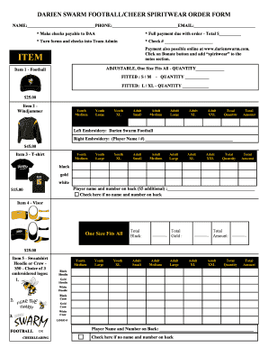 Fillable Online DARIEN SWARM FOOTBALLCHEER SPIRITWEAR ORDER FORM Fax ...