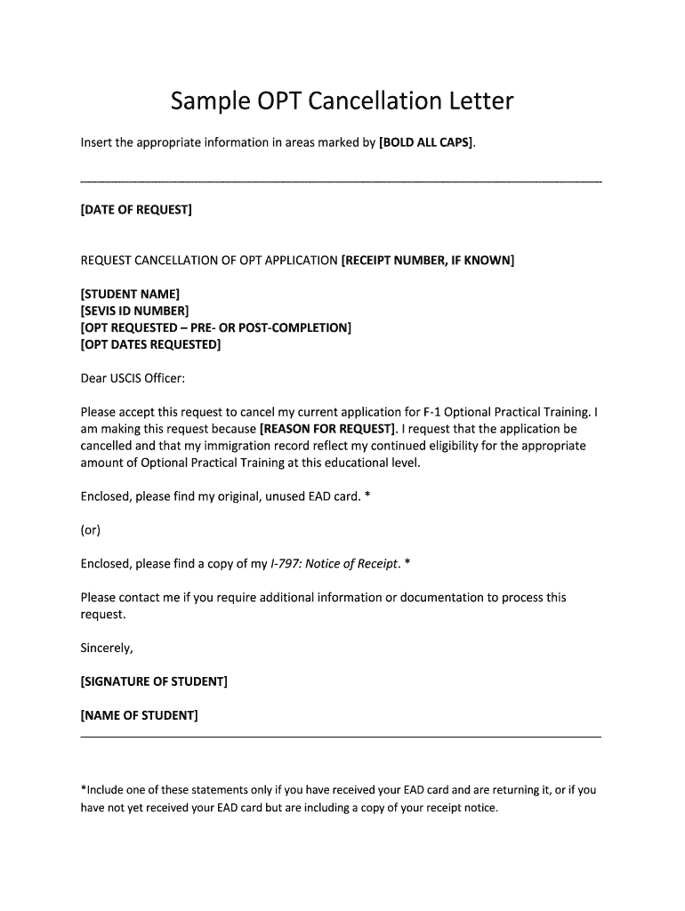 Fillable Online Sample OPT Cancellation Letter Fax Email Print - pdfFiller
