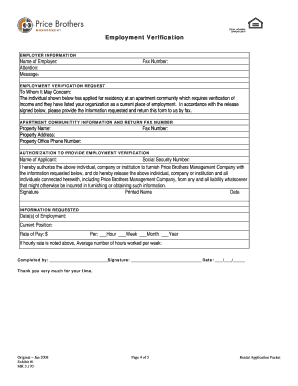 Fillable Online EMPLOYMENT VERIFICATION REQUEST APARTMENT COMMUNITITY ...