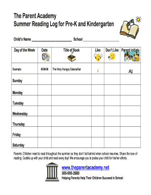 Prek Reading Log - Fill Online, Printable, Fillable, Blank | pdfFiller