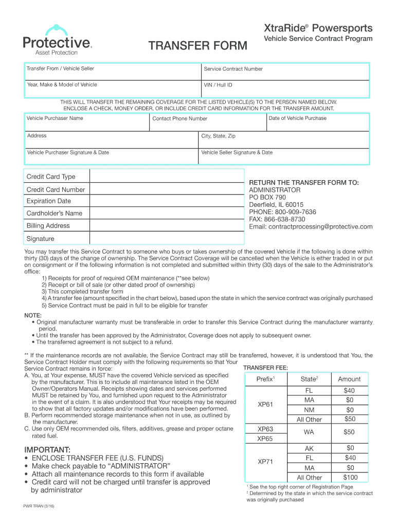 Fillable Online Vehicle Service Contract Program TRANSFER FORM Fax ...
