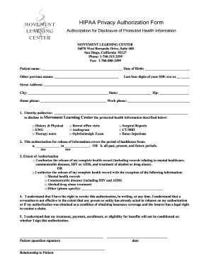 Fillable Online HIPAA Privacy Authorization Form - Movement Learning ...