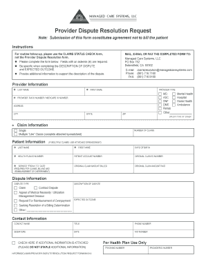 Fillable Online MANAGED CARE SYSTEMS, LLC Provider Dispute Resolution ...