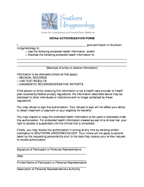 Fillable Online HIPAA Authorization Form - Southern Urogynecology Fax Email Print - pdfFiller