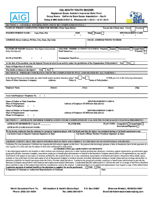 Fillable Online CAL SOUTH-AIG CLAIM FORM -REGISTERED YOUTH FINAL 2014 ...