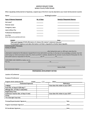 Fillable Online jackson k12 ky Type of Absence Requested No of Days ...