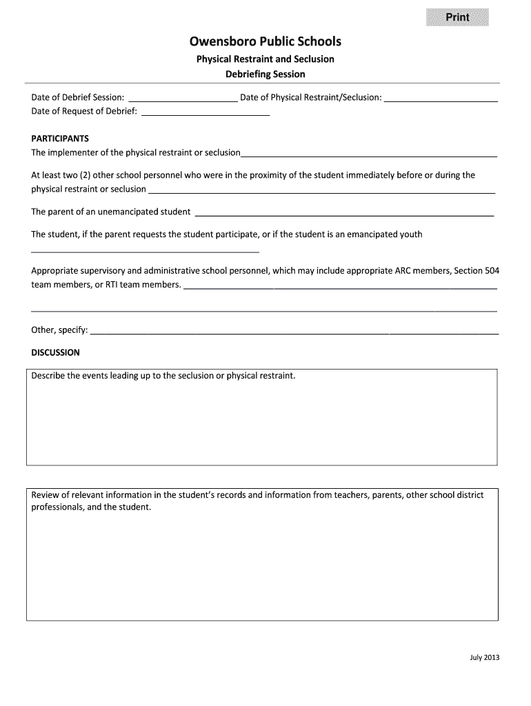 Fillable Online dev owensboro kyschools Physical Restraint and ...