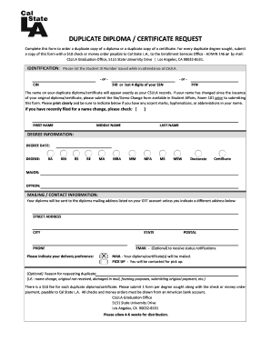 Fillable Online calstatela DUPLICATE DIPLOMA CERTIFICATE REQUEST ...