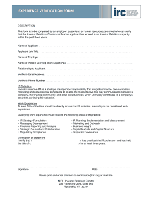 Fillable Online niri EXPERIENCE VERIFICATION FORM - NIRI - Home - niri ...