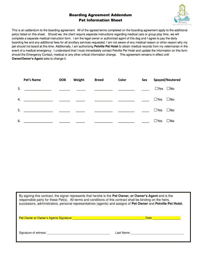 Fillable Online Boarding Agreement Addendum Pet Information Sheet Fax ...